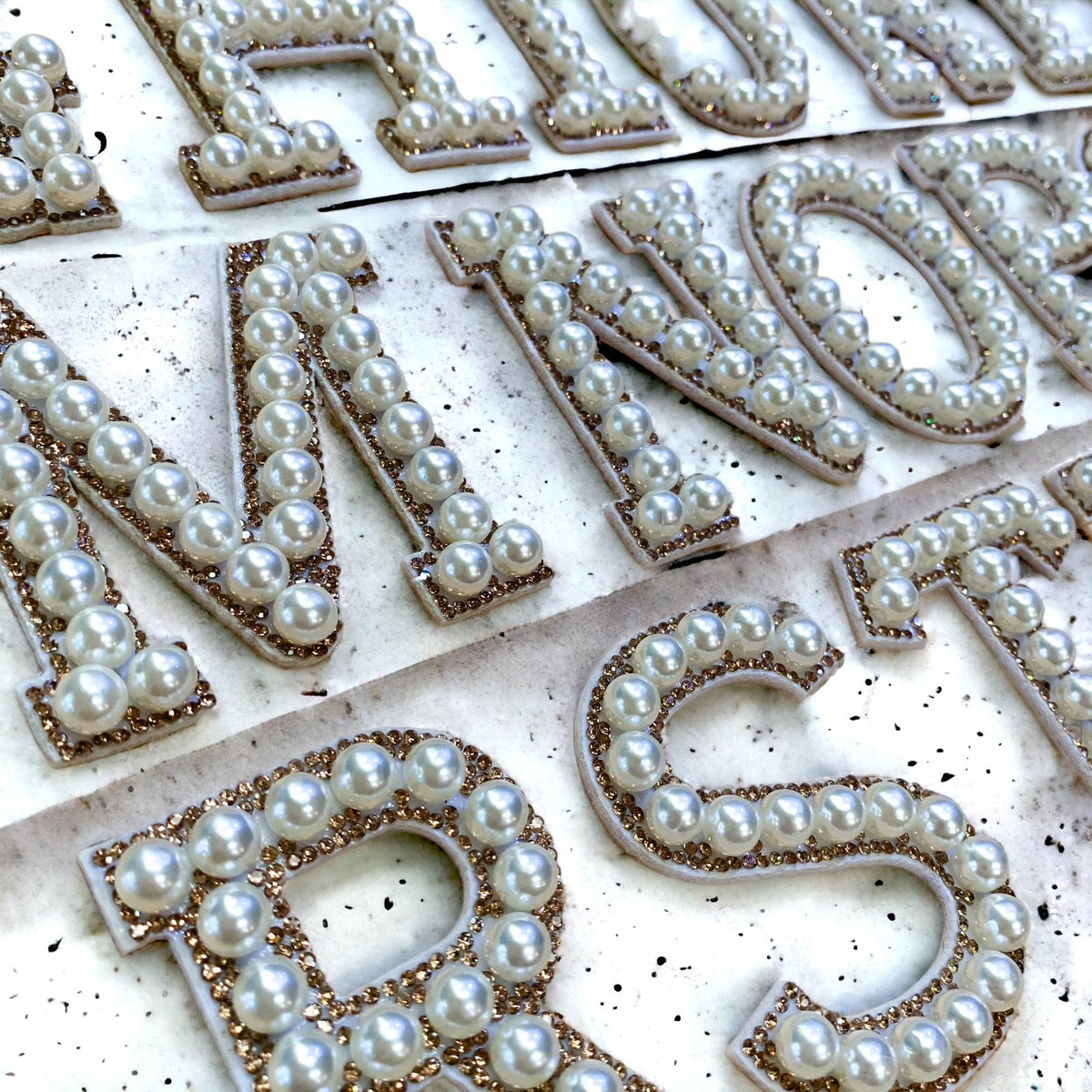 White Pearl Gold Rhinestone 6.7cm Iron On Patch Letters — Patches "R" Us
