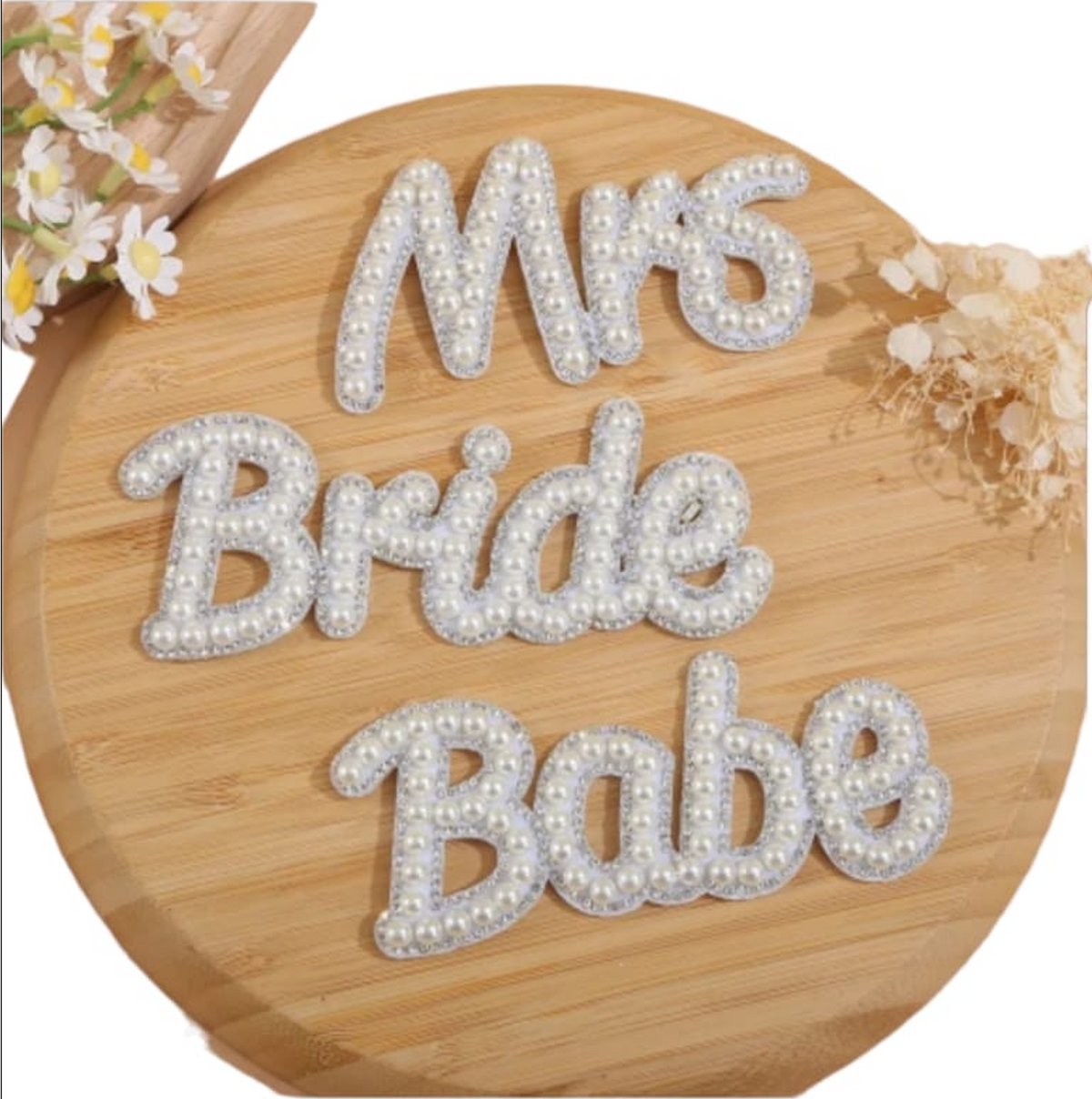 White Pearl Silver Rhinestone Mrs Bride Babe Iron On Patch — Patches "R" Us