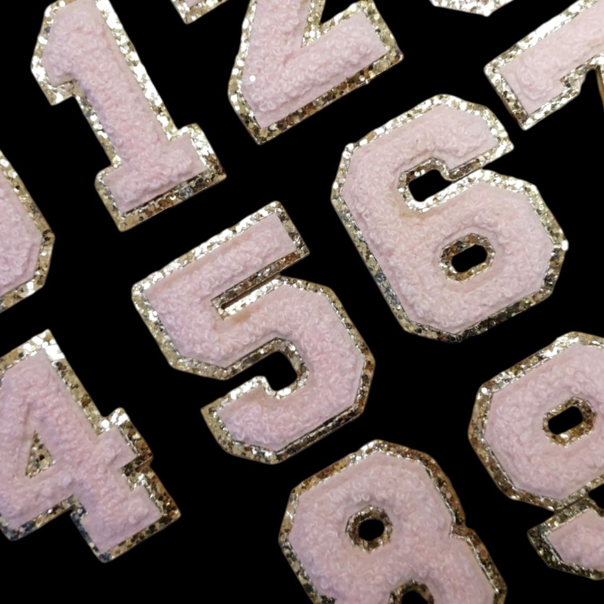 Light Pink Chenille Gold Trim 5cm Iron-On Patch Numbers — Patches "R" Us