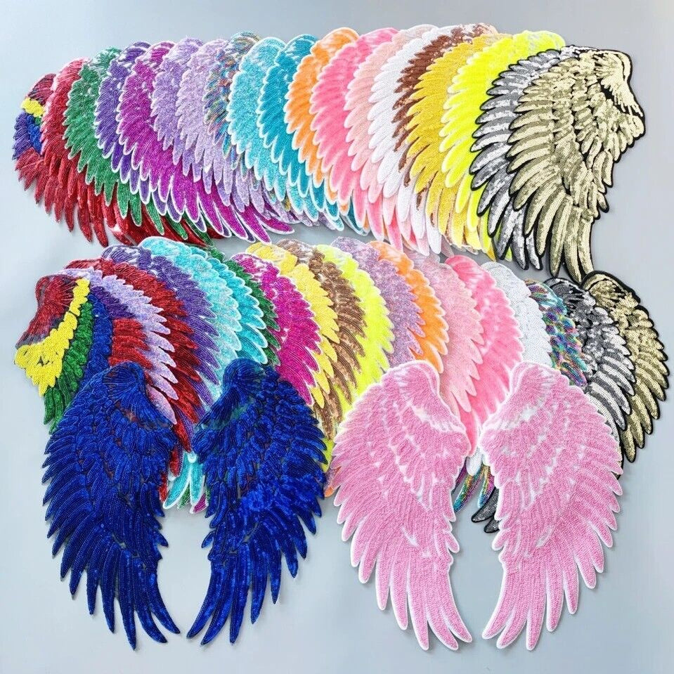 Large 33cm White Angel Wings Sequin Iron-On Patches — Patches "R" Us