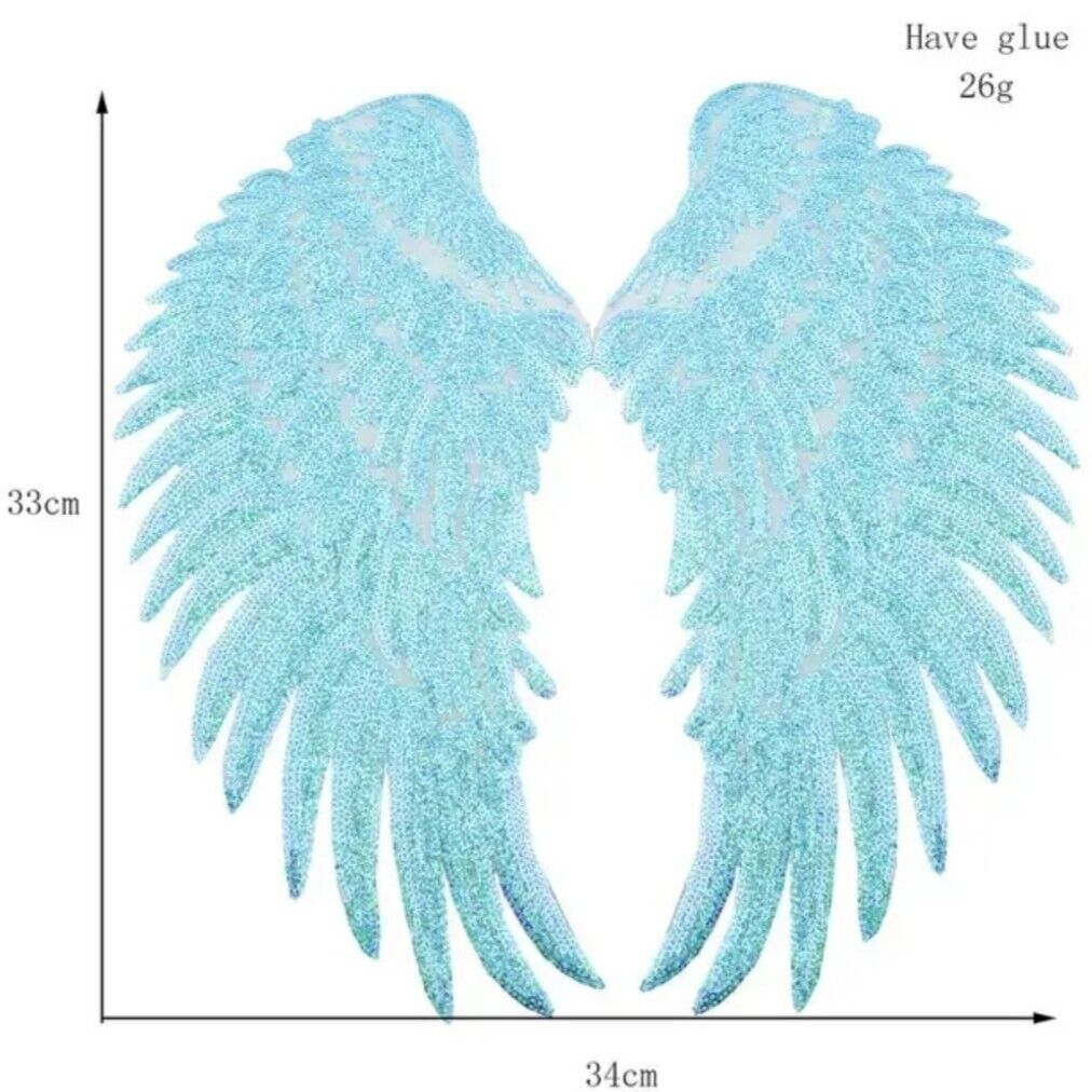 Large 33cm Light Blue Angel Wings Sequin Iron-On Patches — Patches "R" Us