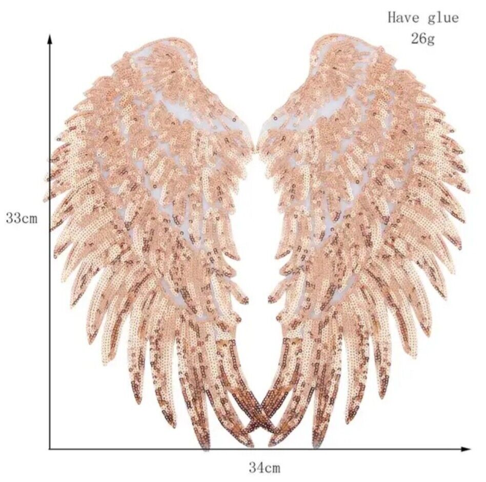 Large 33cm Rose Gold Angel Wings Sequin Iron-On Patches — Patches "R" Us