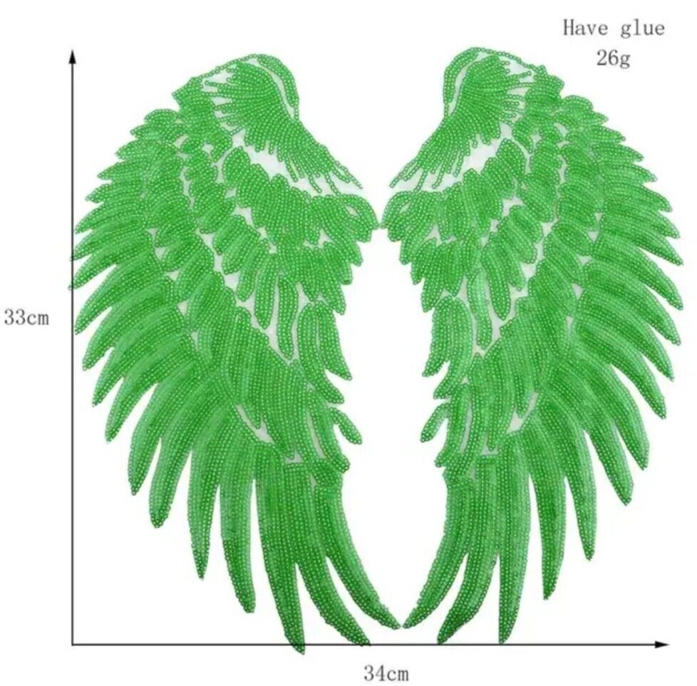 Large 33cm Green Angel Wings Sequin Iron-On Patches — Patches "R" Us