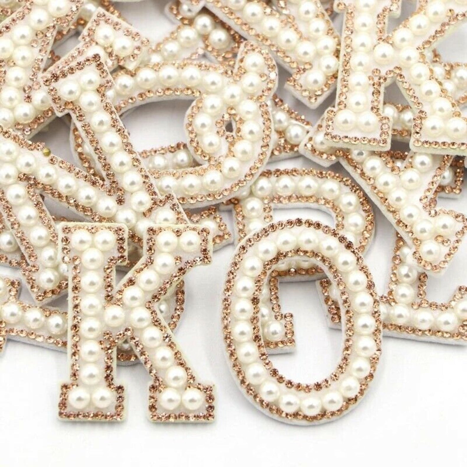 White Pearl Gold Rhinestone 4.6cm Iron-On Patch Letters — Patches "R" Us