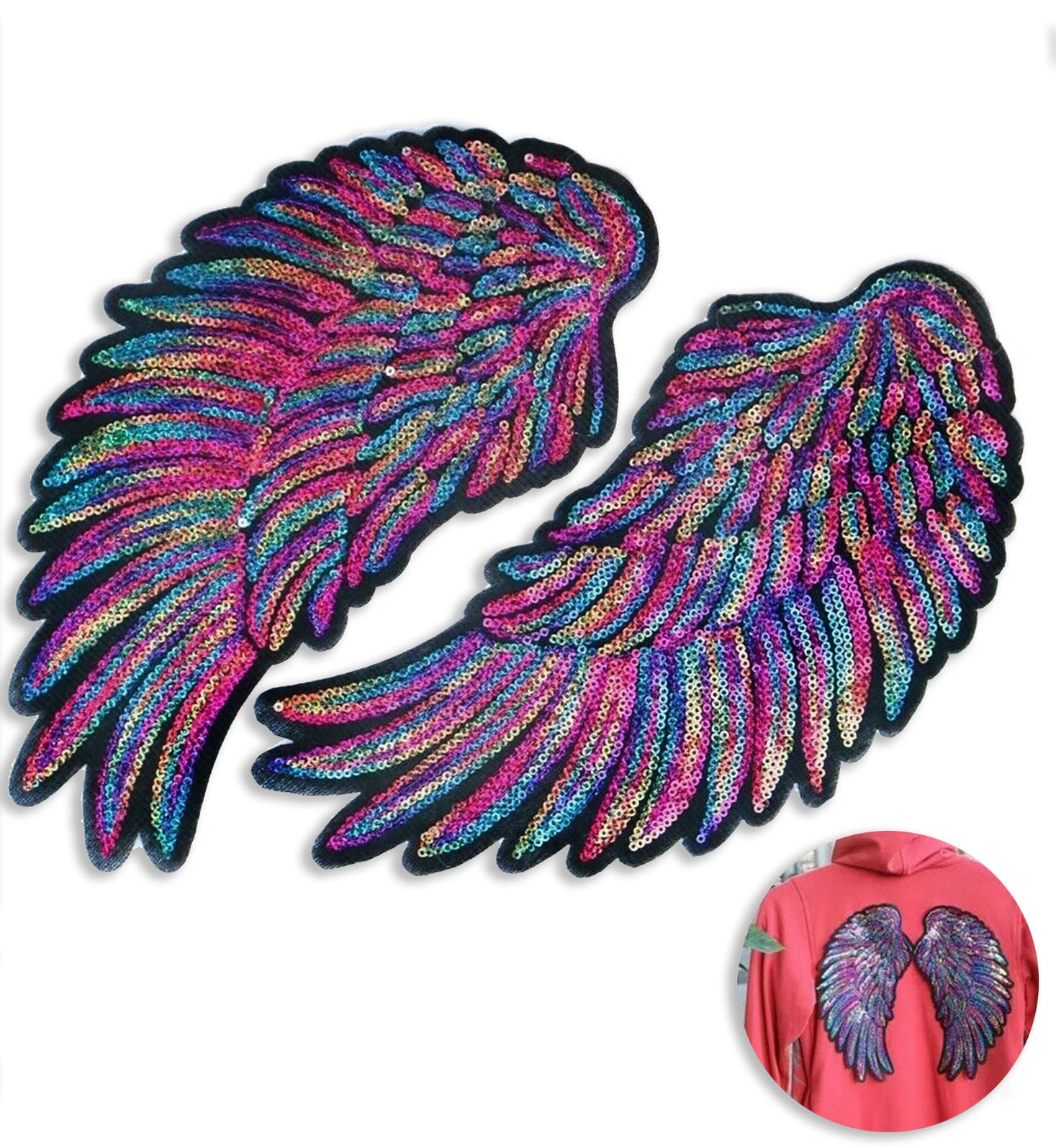 Large 26cm Angel Wings Sequin Iron-On Patches — Patches "R" Us