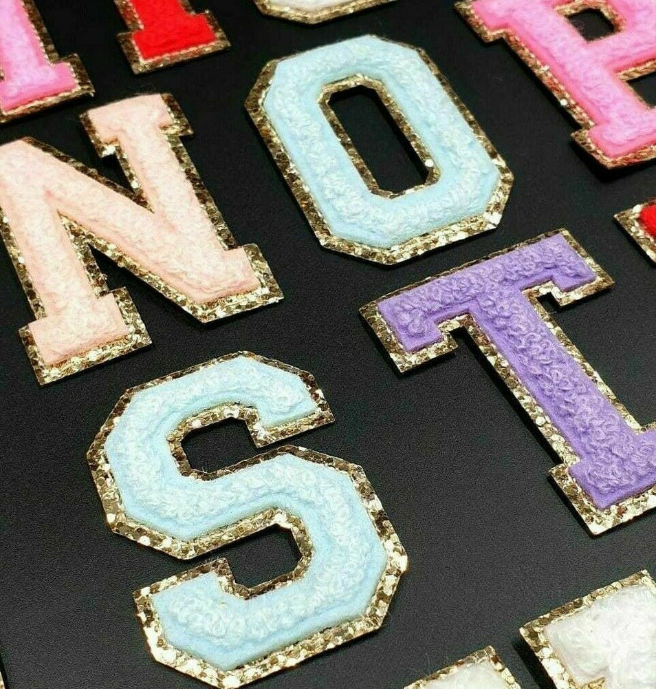 Gold Trim 5cm Light Pink Chenille Iron-On Patch Letters — Patches "R" Us