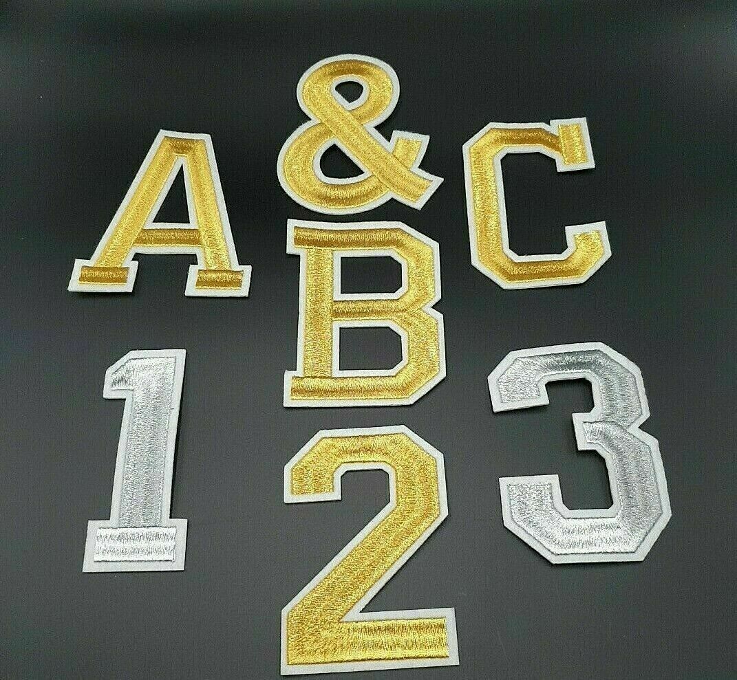 Silver Varsity Embroidered 9.8cm Iron-On Patch Letters & Numbers ...