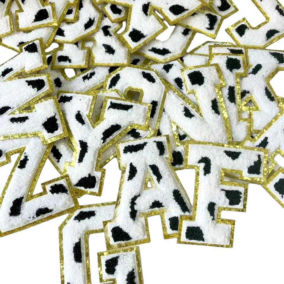Animal Print White Chenille Gold Trim 8cm Iron-On Patch Letters ...
