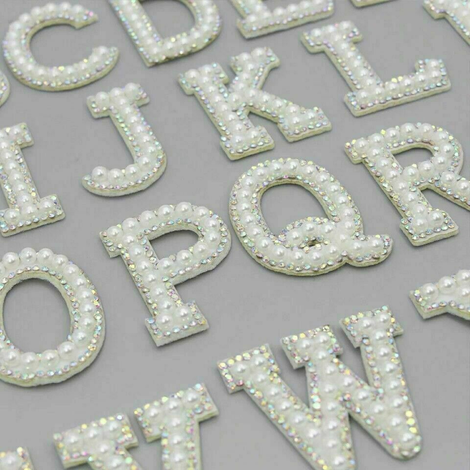 White Pearl AB Rhinestone 3.5cm Iron On Patch Letters — Patches "R" Us